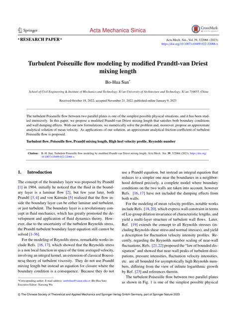 Pdf Turbulent Poiseuille Flow Modeling By Modified Prandtl Van Driest Mixing Length