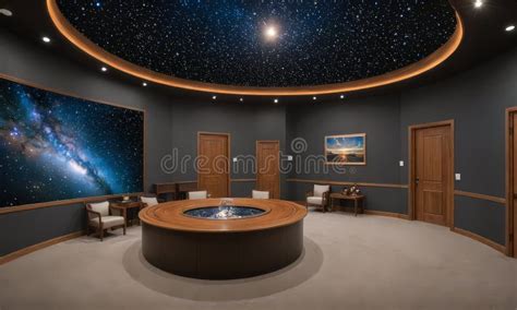 Luxurious Room with Circular Wooden Table, Large Planet-themed Mural ...
