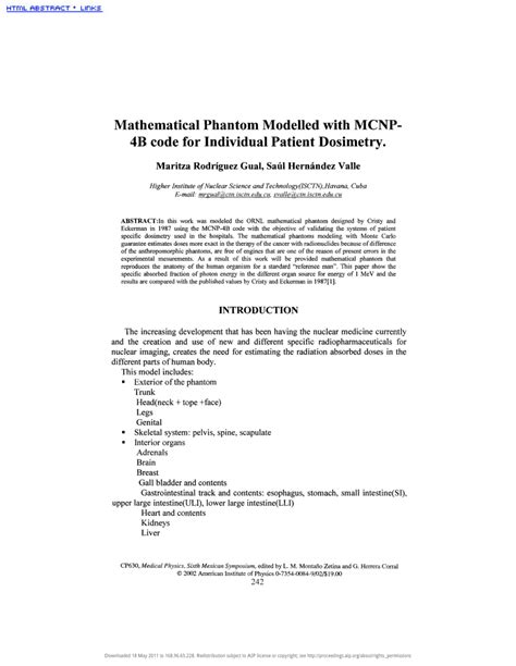 Pdf Mathematical Phantom Modelled With Mcnp 4b Code For Individual Patient Dosimetry