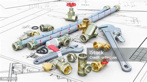 다른 배관 밸브 피팅 및 파이프 렌치는 드로잉 용지 3d 일러스트의 시트에 깔끔하게 배치됩니다 다리미에 대한 스톡 사진 및 기타 이미지 Istock