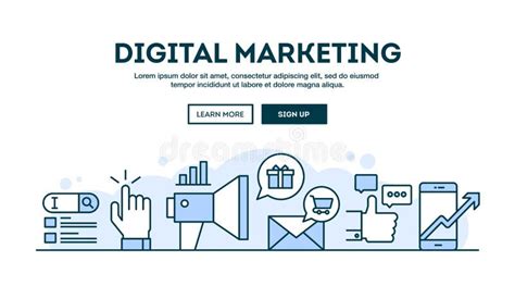 Digital Marketing Concept Header Flat Design Thin Line Style Stock Illustration Illustration