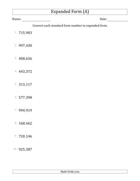 converting standard form numbers to expanded form 6 digit numbers
