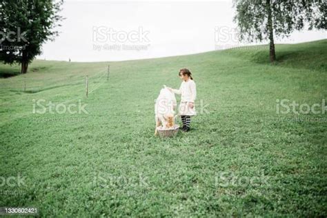 เด็กสาวและแพะบนเนินเขาสีเขียวในฟาร์ม ภาพสต็อก ดาวน์โหลดรูปภาพตอนนี้ กลางวัน กลางแจ้ง การ