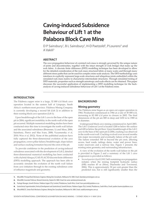 Pdf Caving Induced Subsidence Behaviour Of Lift 1 At The Palabora Block Cave Mine