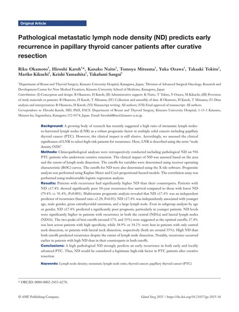 Pdf Pathological Metastatic Lymph Node Density Nd Predicts Early Recurrence In Papillary
