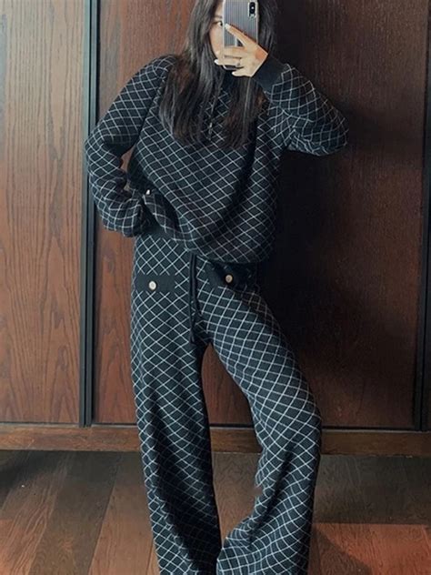 여성용 한국 격자 무늬 운동복 루즈 스웨터 상의 및 와이드 레그 팬츠 수트 니트 스포츠 2 피스 수트 세트 2022 가을 겨울 신상바지 슈트 Aliexpress