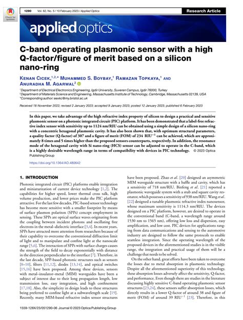 C Band Operating Plasmonic Sensor With A High Q Factor Figure Of Merit Based On A Silicon Nano