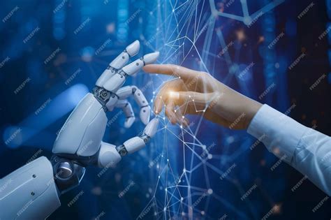 AI Machine learning Hands of robot and human touching on big data network connection background ...