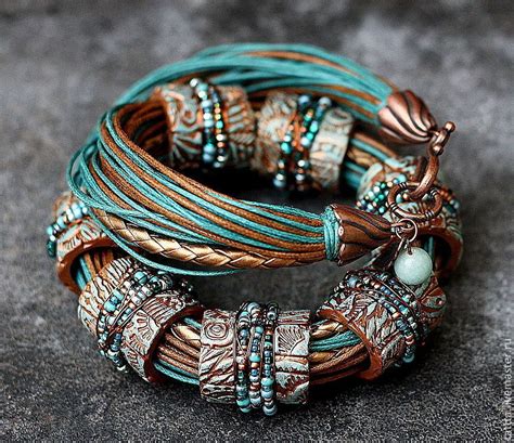 Купить колье из полимерной глины волшебный папоротник бронза медь восток бисер этно бохо