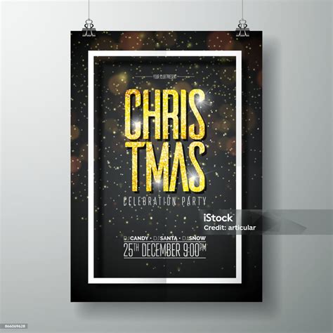 벡터 휴가 타이포 그래피 요소와 어두운 배경에 반짝 빛 메리 크리스마스 파티 포스터 디자인 템플릿 12월에 대한 스톡 벡터 아트 및 기타 이미지 Istock