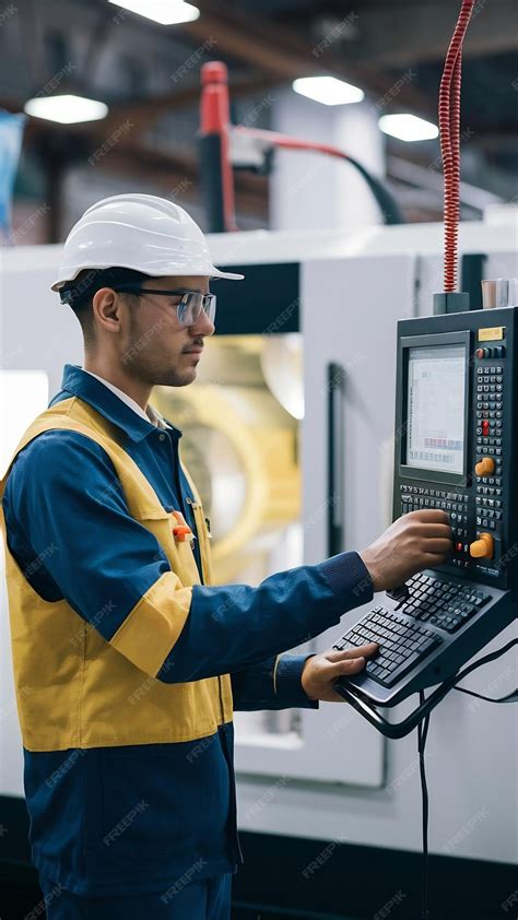 male engineer using computer control panel cnc machine operating at