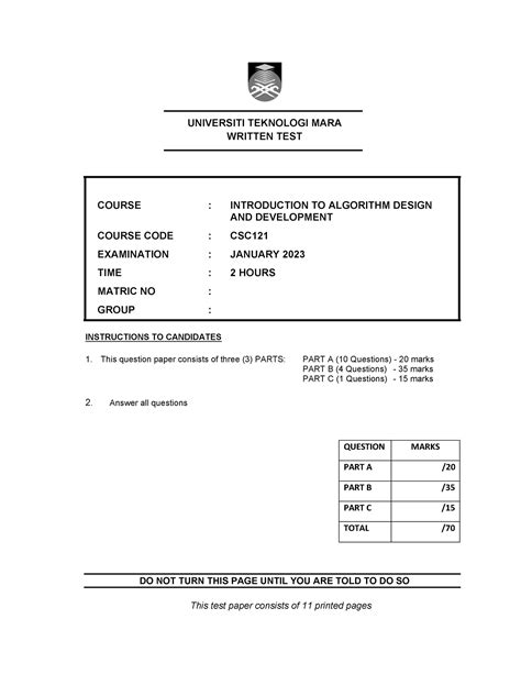 QUE CSC TEST JUN Jawapan UNIVERSITI TEKNOLOGI MARA WRITTEN TEST COURSE INTRODUCTION