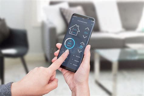 Woman Control Light In Living Room Interior With Smart Home Control App
