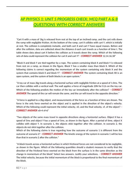 Ap Physics 1 Unit 5 Progress Check Mcq Part A And B Questions With Correct Answers Physics
