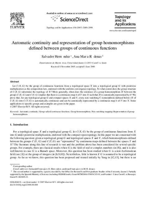 Pdf Automatic Continuity And Representation Of Group Homomorphisms Defined Between Groups Of
