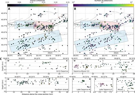 A Map View Of Template Earthquakes With Color Coded Fractal Dimension Download Scientific