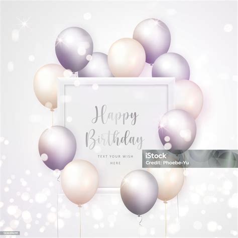 3d 사실적인 우아한 라일락 그레이 크림 화이트 발롱과 스퀘어 프레임 생일 축하 카드 배너 템플릿 배경 기념일에 대한 스톡 벡터 아트 및 기타 이미지 Istock