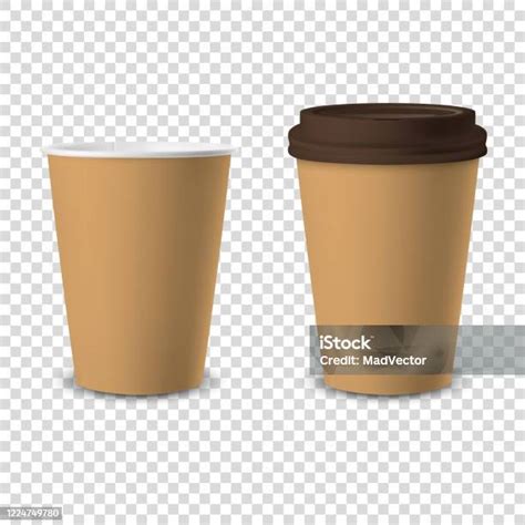 벡터 3d 현실적인 갈색 일회용 열고 갈색 뚜껑 종이로 닫습니다 음료 아이콘 에 대한 플라스틱 커피 컵 설정 닫다 투명 배경에 격리 디자인 템플릿 모형 정면 보기 벡터에
