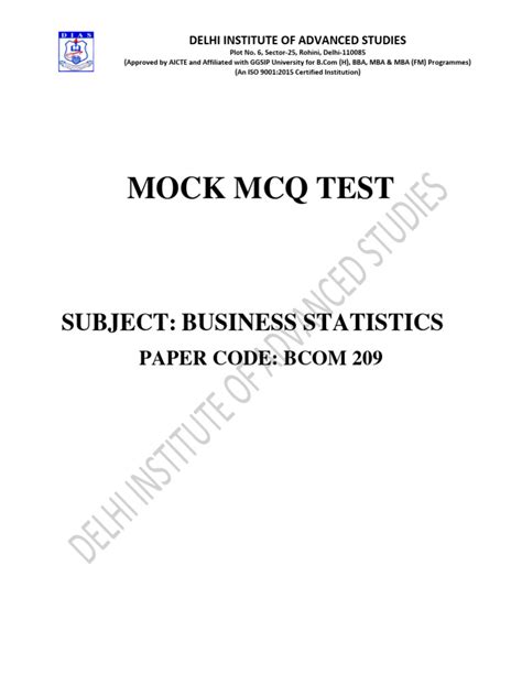 Business Statistics Mock Mcq Test Pdf Mean Skewness