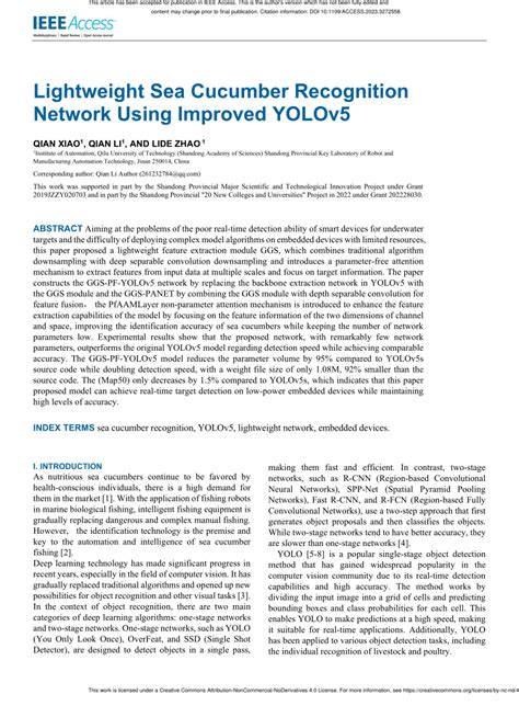 Pdf Lightweight Sea Cucumber Recognition Network Using Improved Yolov5