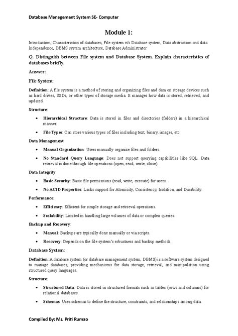 Dbms All Modules Hi Hhjgcjgchvkh Module 1 Introduction Characteristics Of Databases File