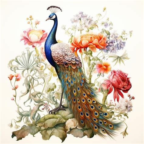 Premium Photo There Is A Peacock Sitting On A Flowered Branch With Many Flowers Generative Ai