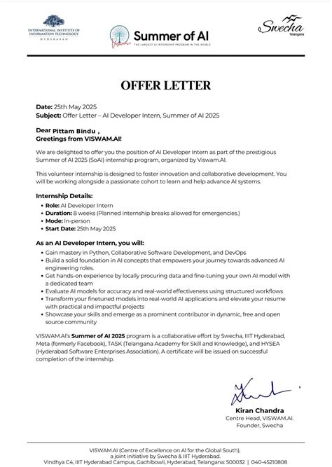 Summerofai2025 Aideveloperintern Viswamai Iiithyderabad Swecha