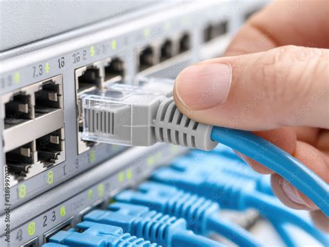 Cloud Computing Data Center Ai Integration Concept Connecting A Blue Ethernet Cable To A