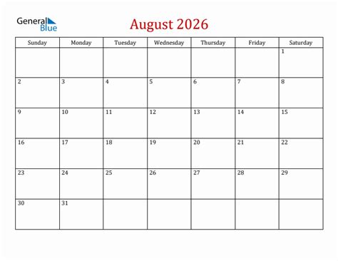 August 2026 Monthly Calendar Pdf Word Excel