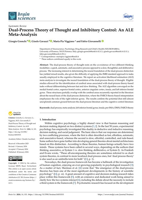 Pdf Dual Process Theory Of Thought And Inhibitory Control An Ale Meta Analysis