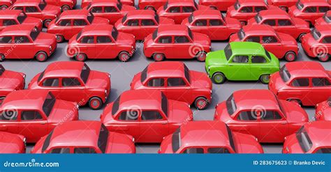 Green Car Goes Going In The Opposite Direction Think Differently And Be Different Concept Stock