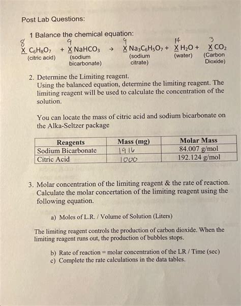 Solved Post Lab Questions 1 Balance The Chemical Equation