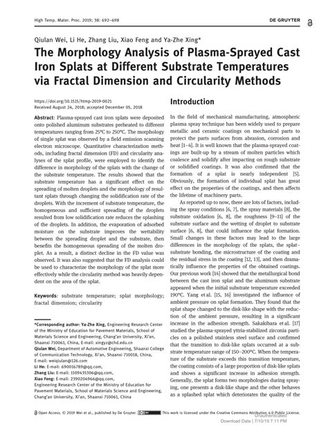 pdf the morphology analysis of plasma sprayed cast iron splats at