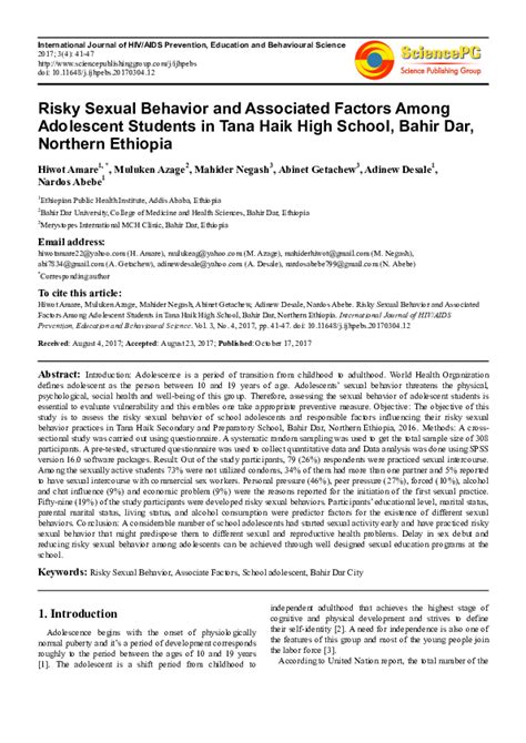 Pdf Risky Sexual Behavior And Associated Factors Among Adolescent