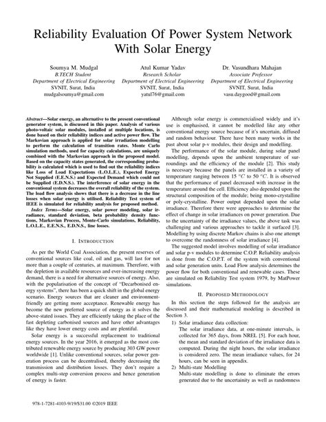 Pdf Reliability Evaluation Of Power System Network With Solar Energy