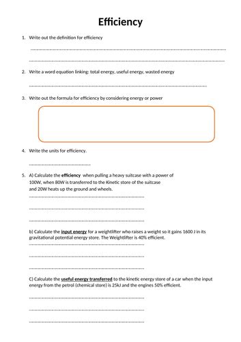 Ks4 Gcse Physics Efficiency Formula Worksheet With Questions And