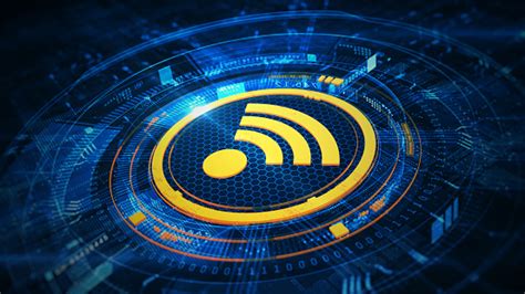 파란색 육각형 그리드에 노란색으로 빛나는 미래 지향적인 무선 기술 기호 wifi 디지털 연결 및 통신 네트워크를 보여주는 데