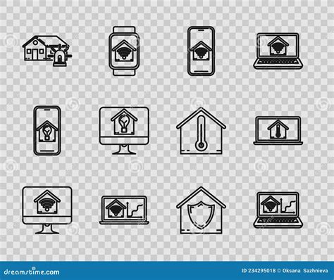 Set Line Computer Monitor With Smart Home With Wi Fi Laptop Mobile Phone Smart House And