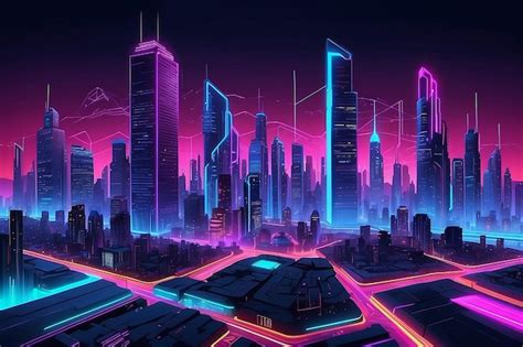 스마트 시티 3d 네온 빛나는 도시 풍경 지능형 건물 자동화 밤 미래주의 비즈니스 개념 웹 온라인 생생한 색상 사이버 ⁇ 크 레트로 웨이브 도시 기술 배너 ⁇ 터 일러스트