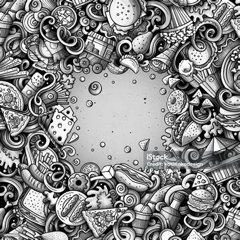 패스트 푸드 손으로 그린 벡터 낙서 일러스트 패스트 푸드 프레임 길거리 음식에 대한 스톡 벡터 아트 및 기타 이미지 길거리 음식 그래피티 0명 Istock