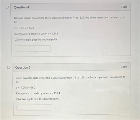 solved given bivariate data where the x values range from 74