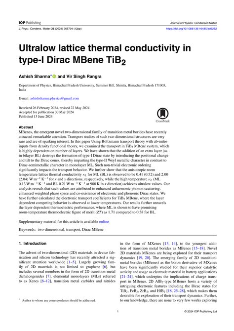Ultralow Lattice Thermal Conductivity In Type I Dirac Mbene Tib2 Request Pdf