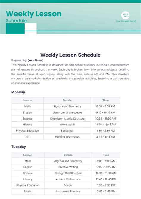 Free Weekly Lesson Schedule Template To Edit Online