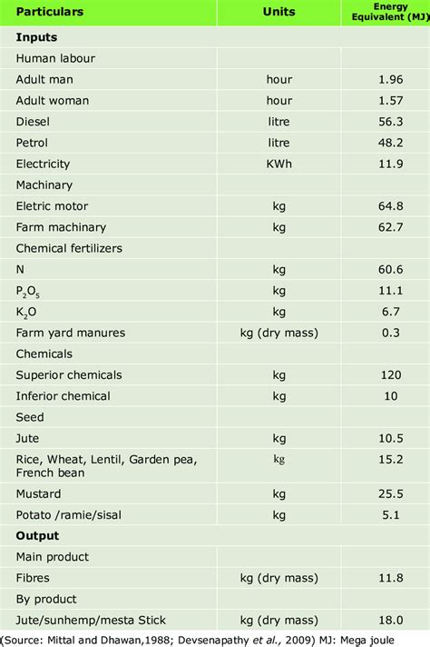 Energy Equivalents Of Different Inputs And Outputs Download Table