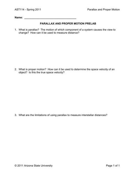 Parallax And Proper Motion Astronomy Lab Ii Arizona State