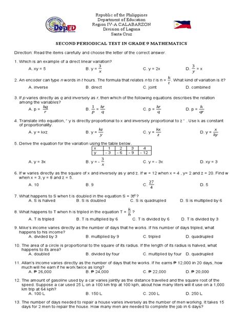 Second Periodical Math 9 Pdf Exponentiation Equations