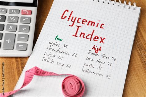 List With Products Of Low And High Glycemic Index In Notebook Calculator And Measuring Tape On List With Products Of Low And High Glycemic Index In Notebook Calculator And Measuring Tape On