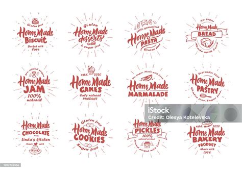 빈티지 홈 메이드 엠블럼과 스탬프 세트 패스트리 피클 베이커리 파스타 비스킷 배지 템플릿 및 광선 스티커 로고에 대한 스톡 벡터