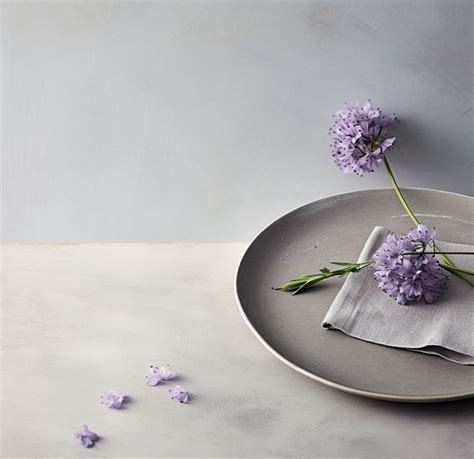 Grey Plate And Purple Flower On The Table Background Object Textile