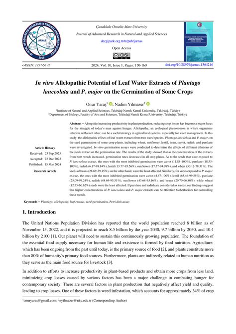 Pdf In Vitro Allelopathic Potential Of Leaf Water Extracts Of Plantago Lanceolata And P Major